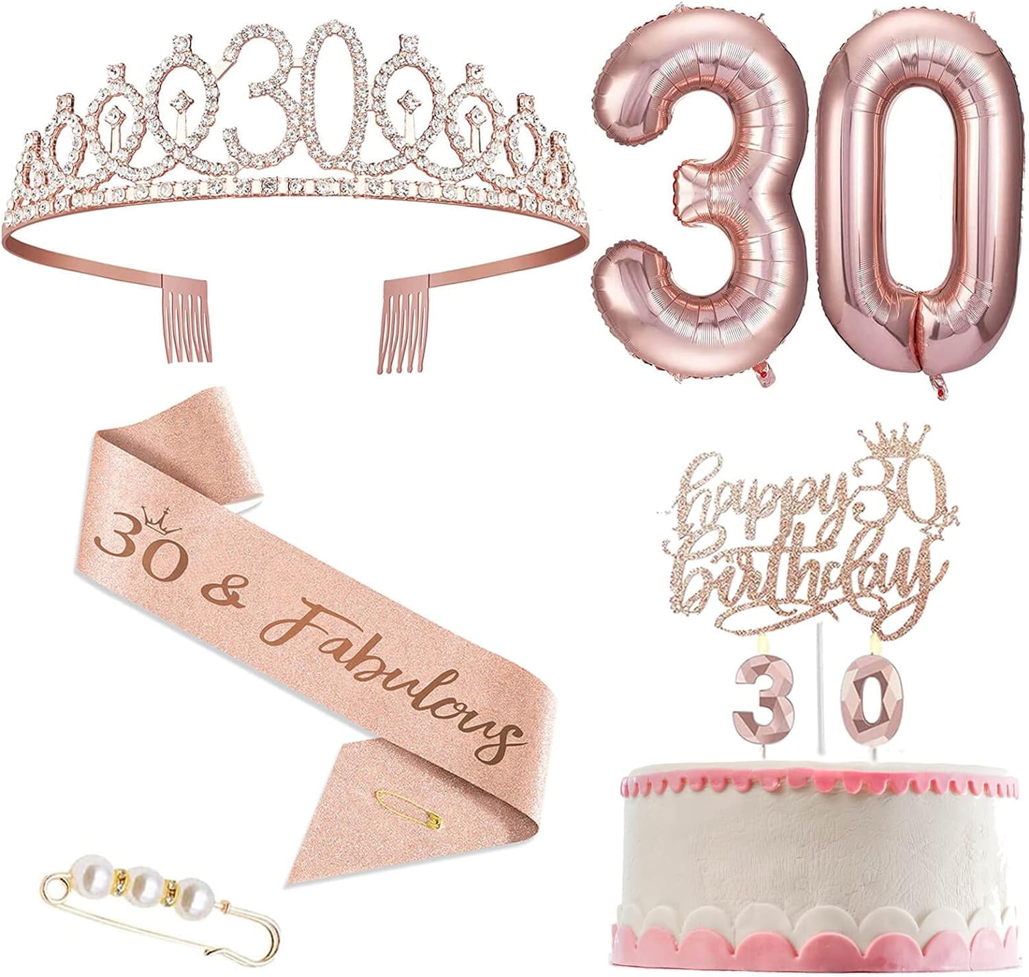 Rose Gold 30th Birthday Decorations Gift Set - Sash, Tiara, Balloon ...
