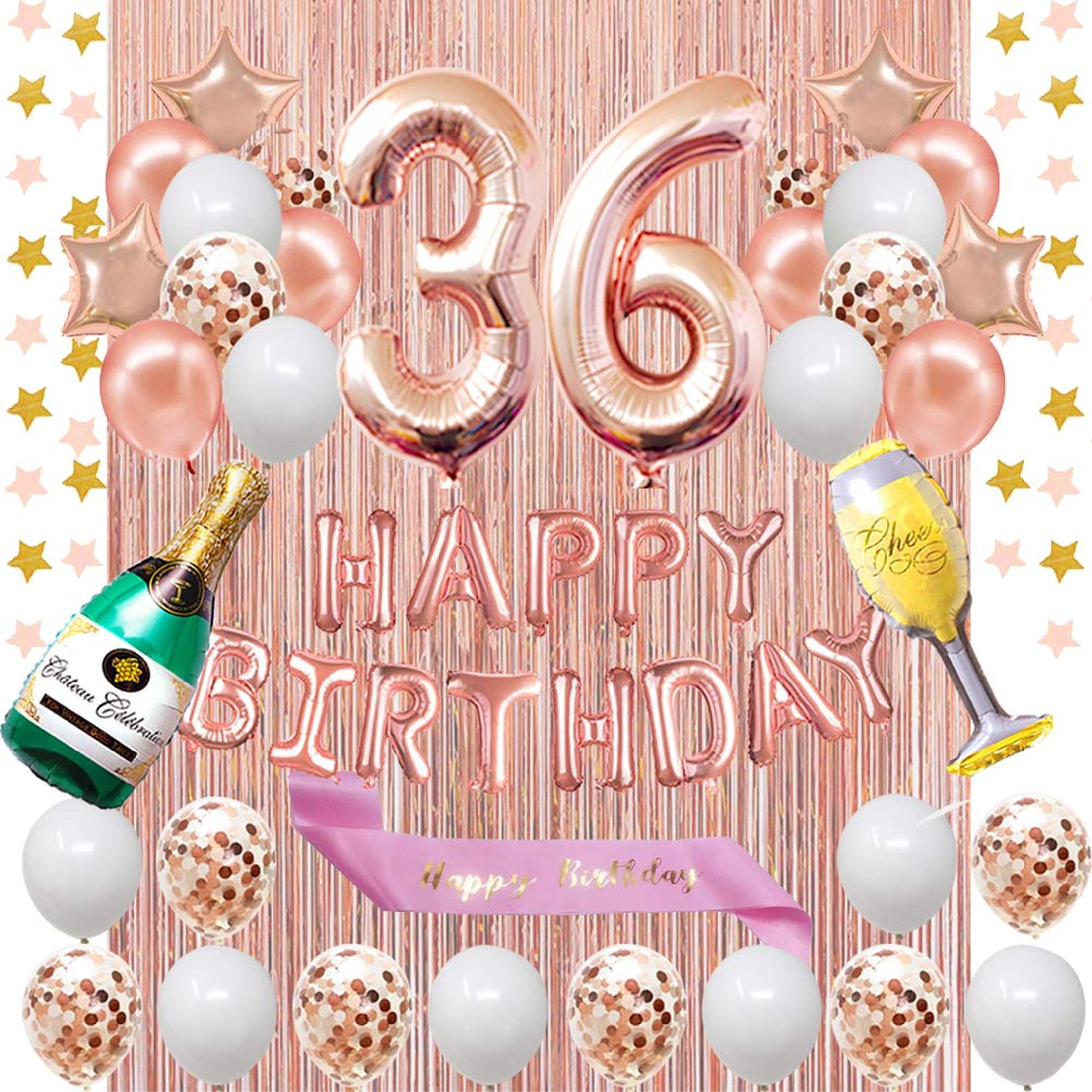 Rose Gold 36th Birthday Party Kit - Happy Birthday Banner, Sash, Number ...