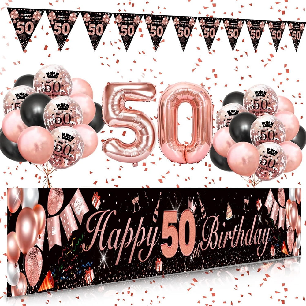Rose Gold 50th Birthday Decorations for Women, Rose Gold Black Happy ...