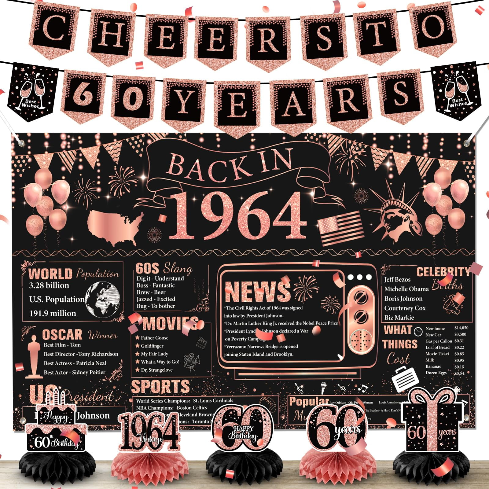 Rose Gold 60th Birthday Decorations for Women Back in 1964 Banner ...