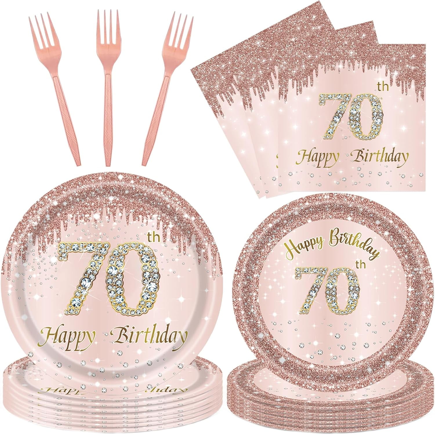 Rose Gold 70th Birthday Tableware Set for Women - 96 Pcs Disposable ...