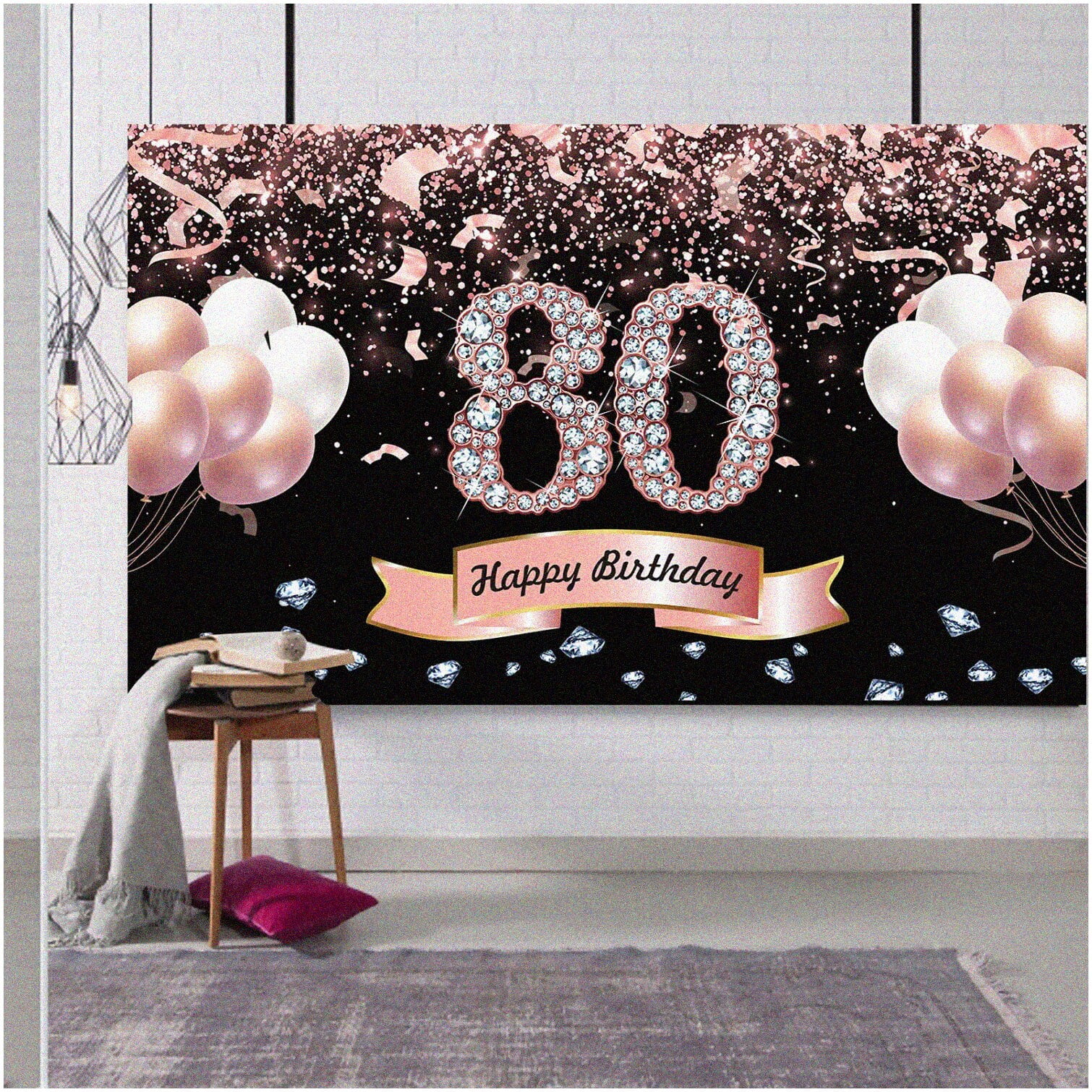 Rose Gold 80th Birthday Celebration Set - Glittering Backdrop Banner ...