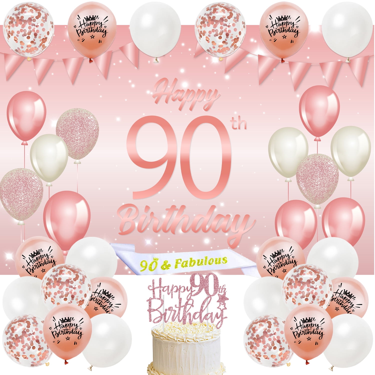 Rose Gold 90th Birthday Decoration, Happy Birthday Party Decorations ...