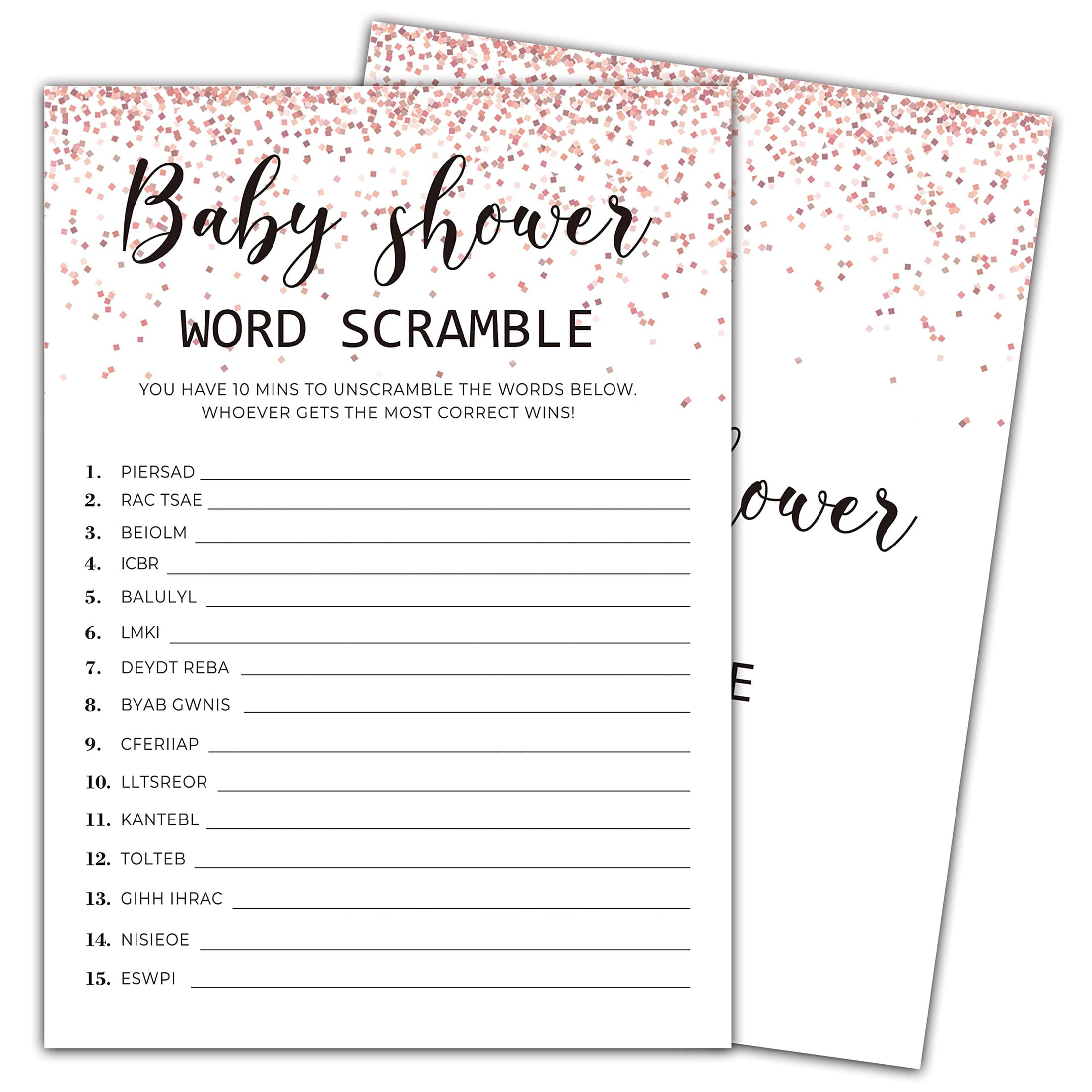 Rose Gold Baby Shower Word Scramble Game Set - 30 Fun Game Cards and 1 ...