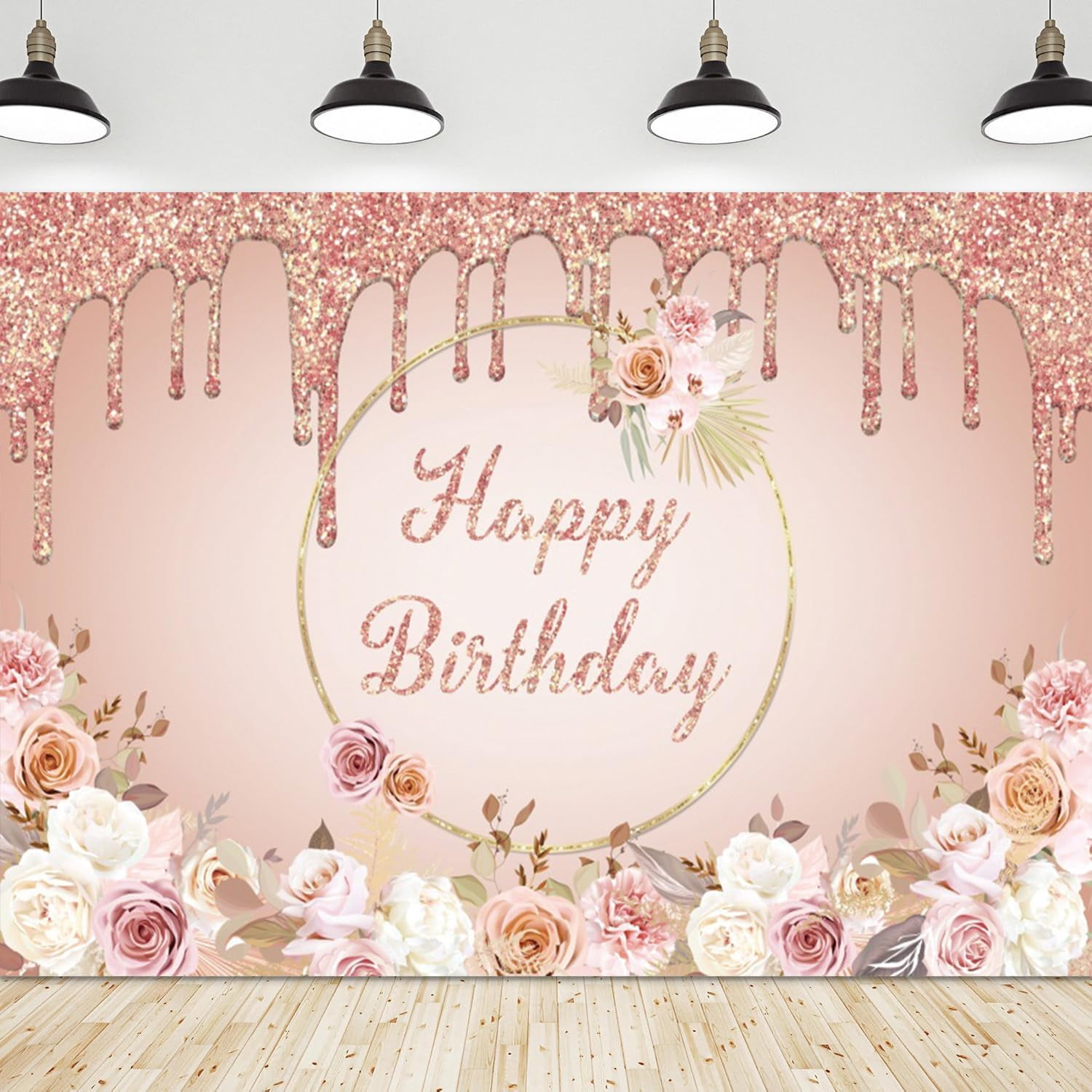 Rose Gold Birthday Backdrop Boho Chic Pink Floral Flower Glitter ...