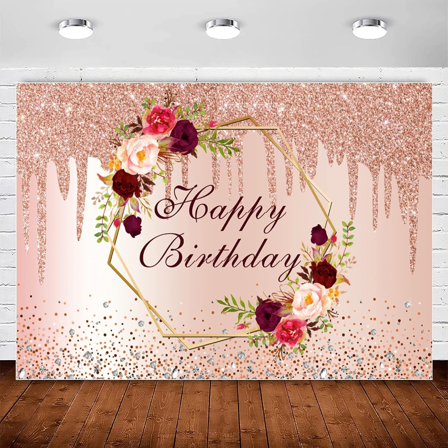 Rose Gold Birthday Backdrop Burgundy Flower Happy Birthday Photography ...