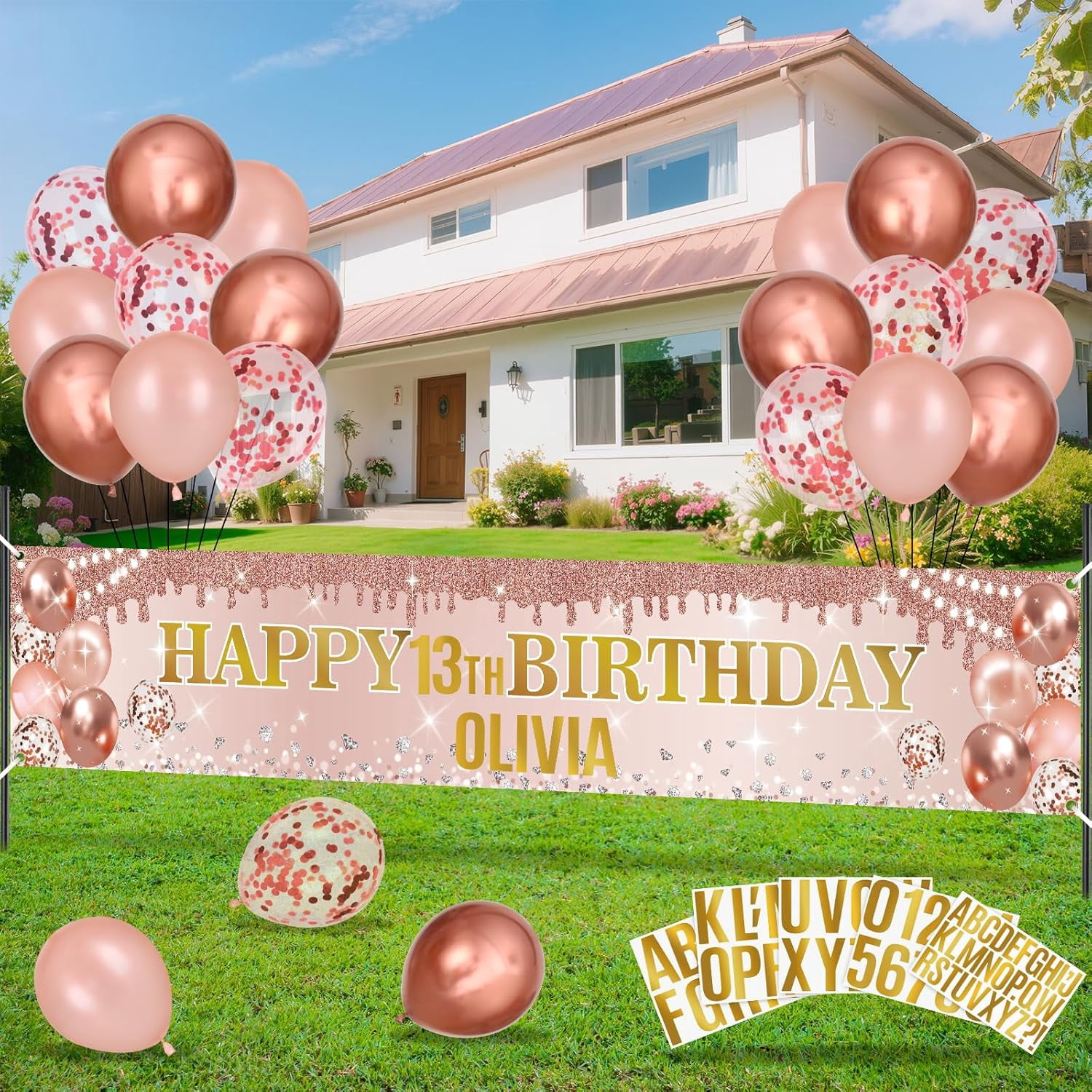 Rose Gold Birthday Decorations Banner with Personalized Letter Stickers ...