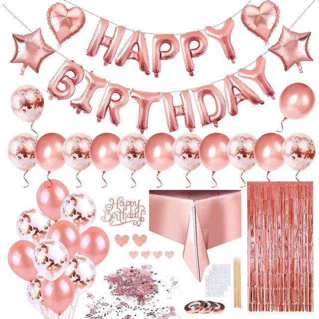 Rose Gold Birthday Party Decorations Set with Mylar Foil Hanging ...