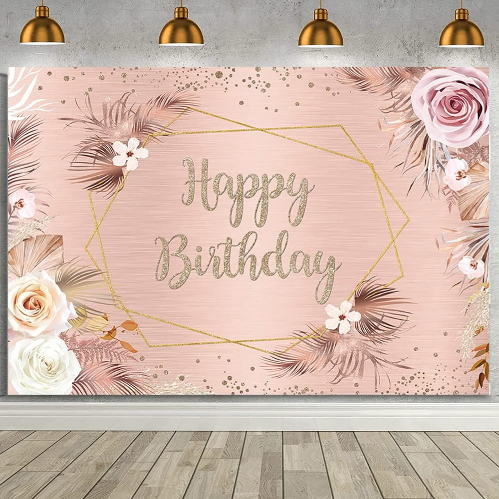 Rose Gold Boho Happy Birthday Backdrop Banner for Women, Pink Pampas ...