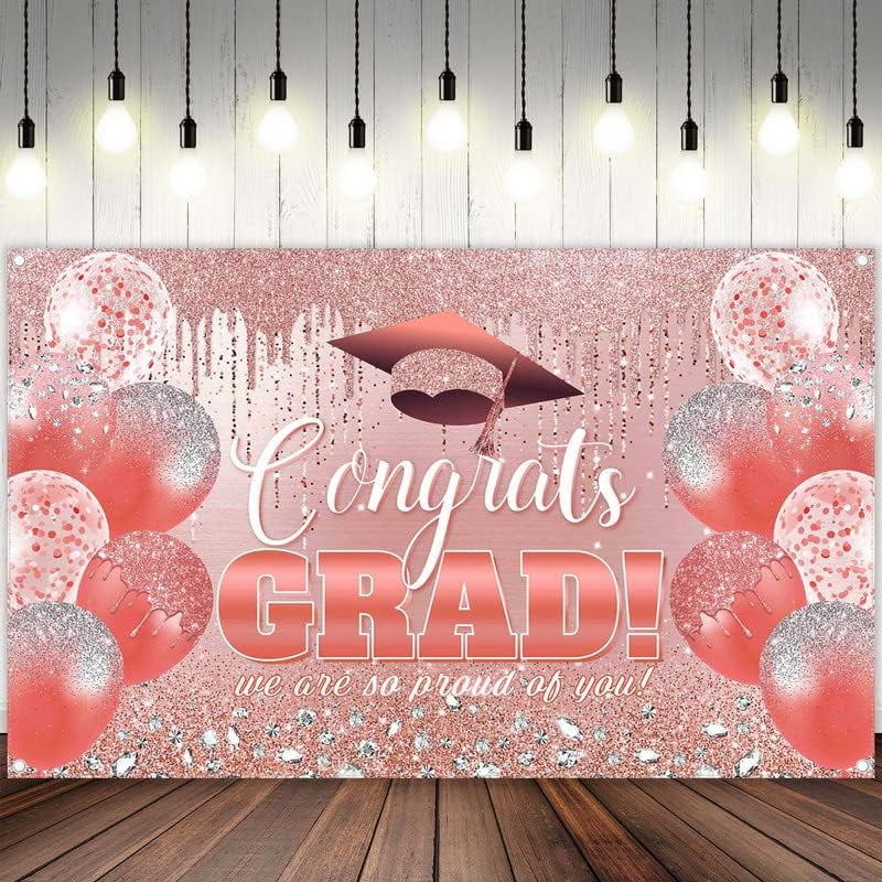 Rose Gold Congrats Grad Backdrop Pink Glitter Class of 2025 ...