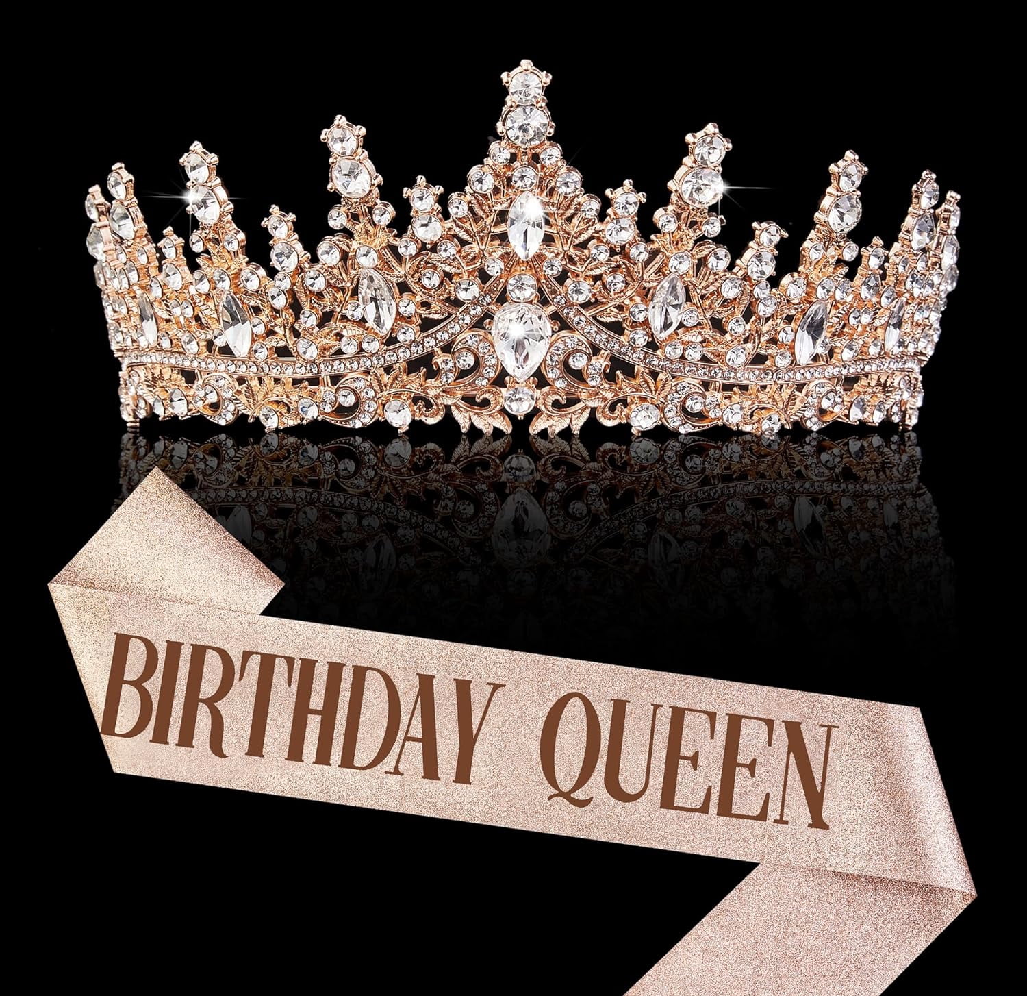 Rose Gold Crown for Women Birthday Queen Sash & Rhinestone Tiara Set ...