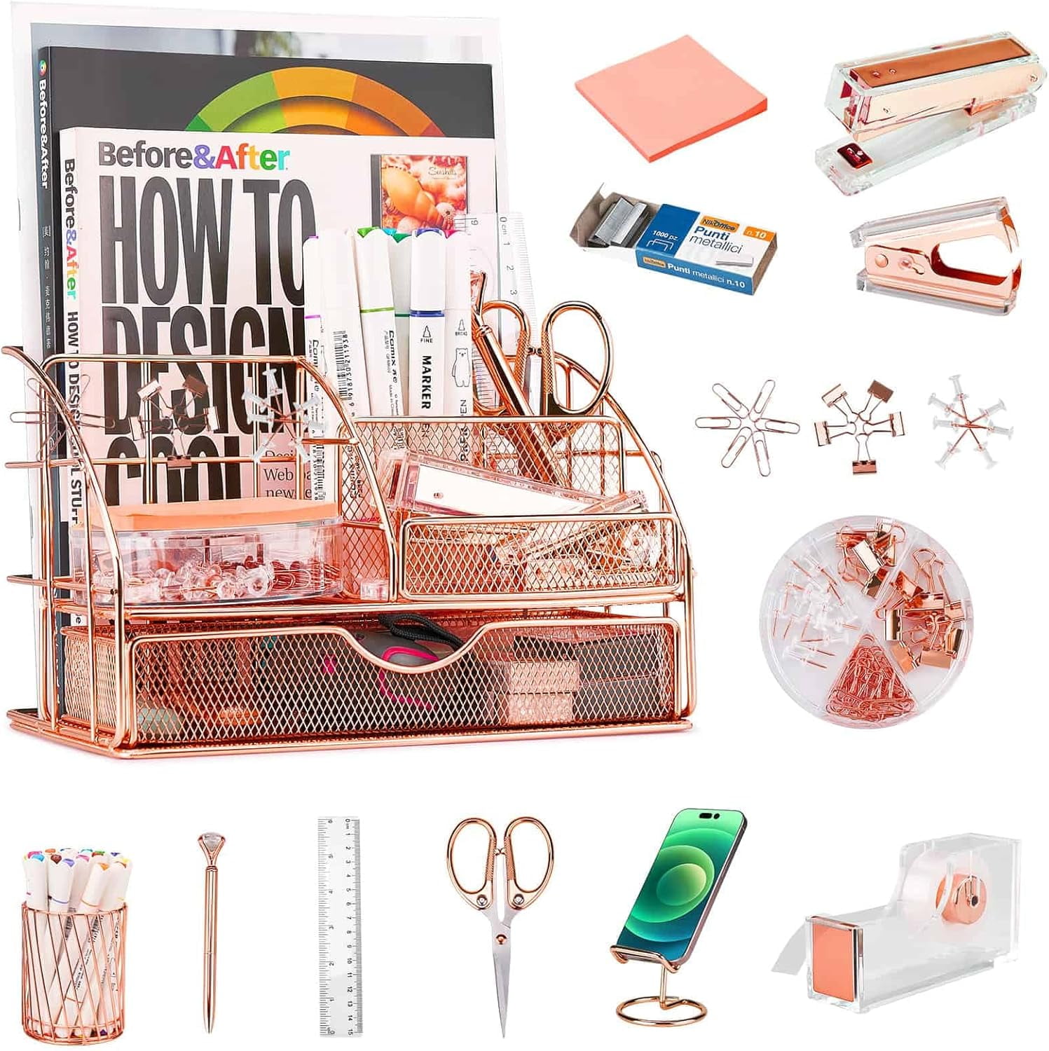 Rose Gold Desk Organizer and Office Desk Accessories, Office Supplies ...