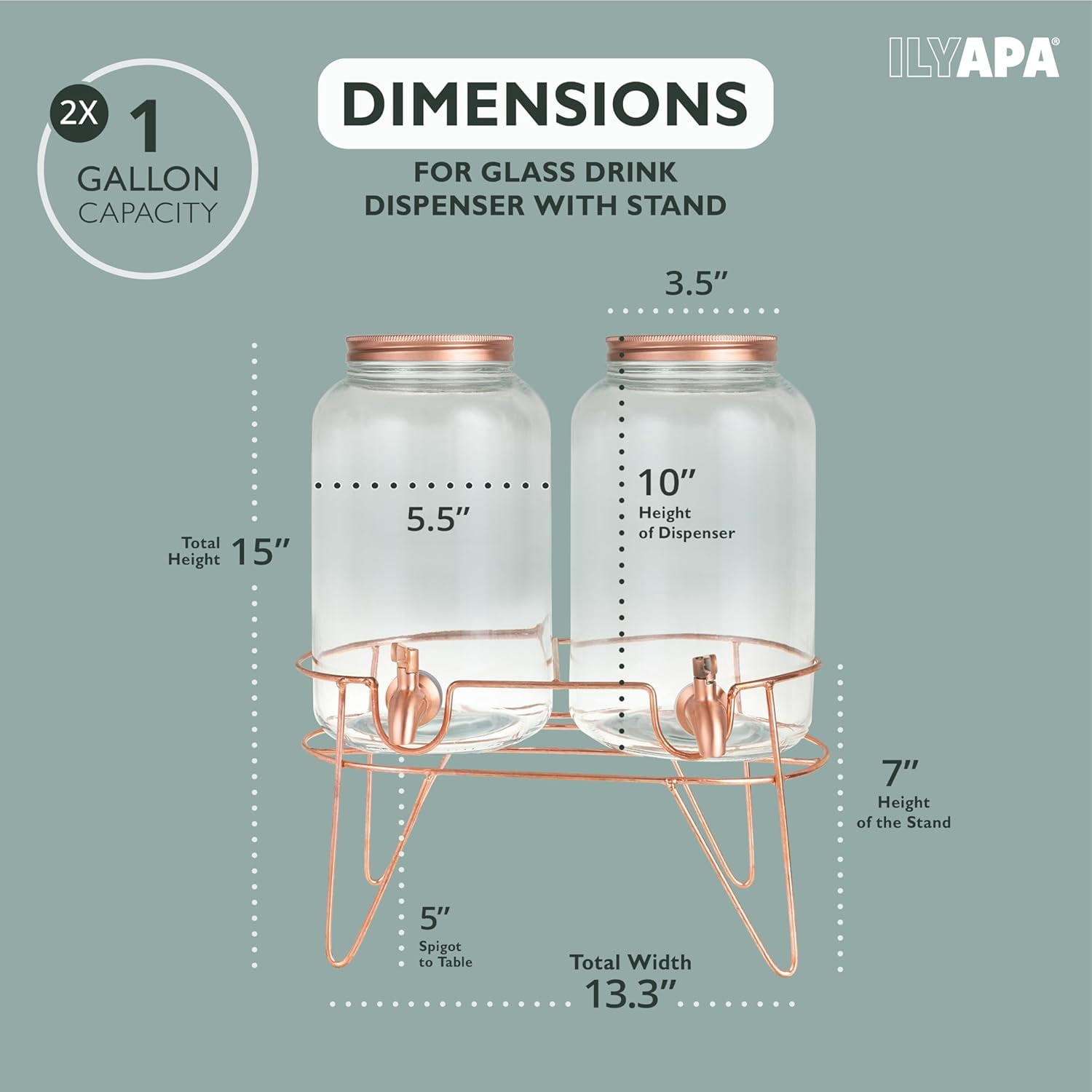 Rose Gold Double Glass Beverage Dispenser with Stand - 1 Gallon Large ...