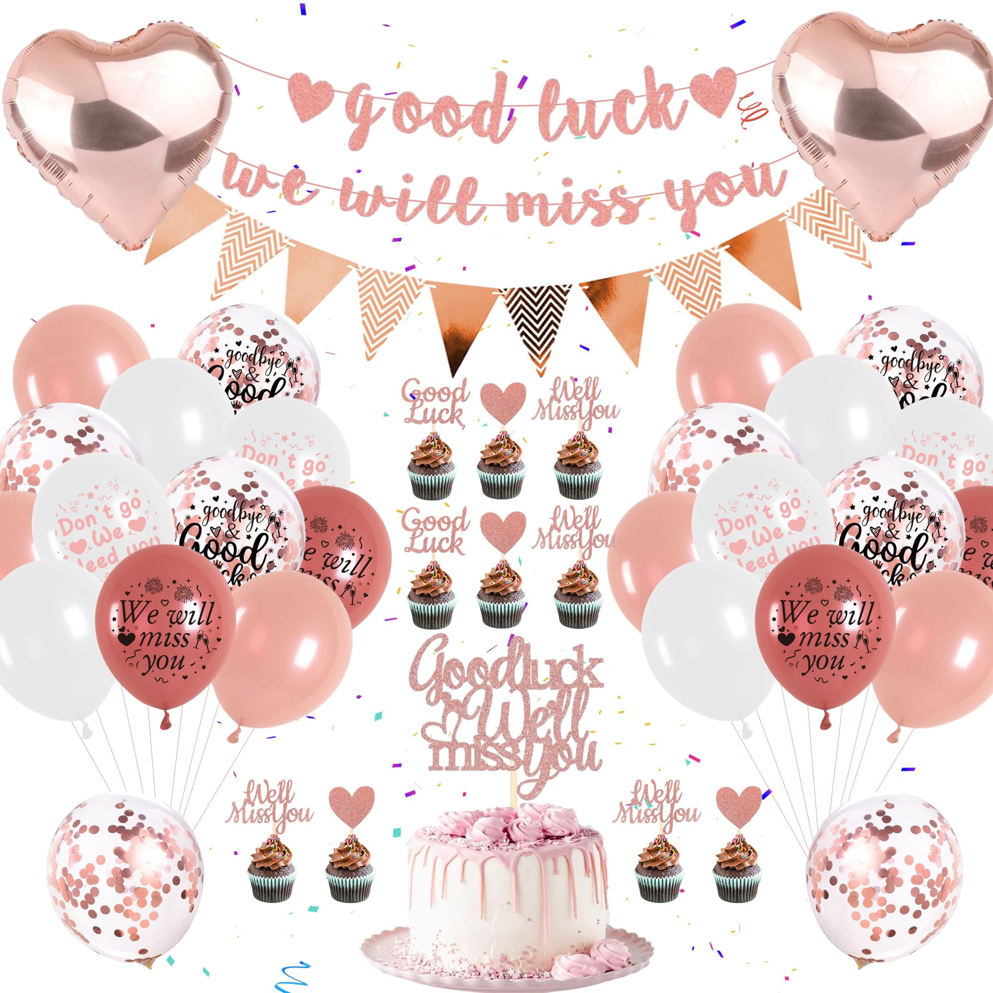 Rose Gold Farewell Party Decorations, Good Luck We Will Miss You Banner Balloon, Cupcake Toppers ...