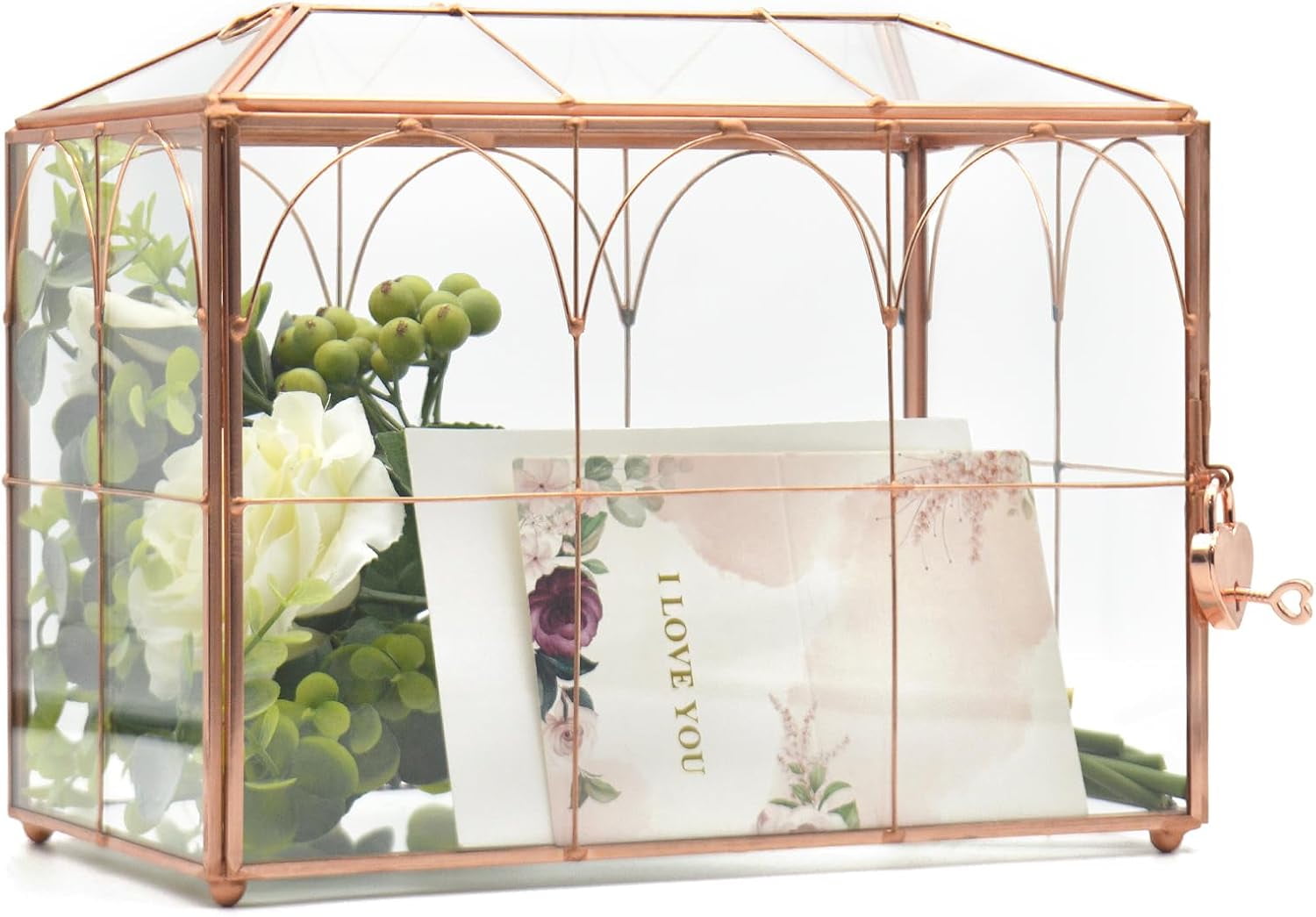 Rose Gold Glass Card Box, Gift Box with Slot and Lock for Wedding ...
