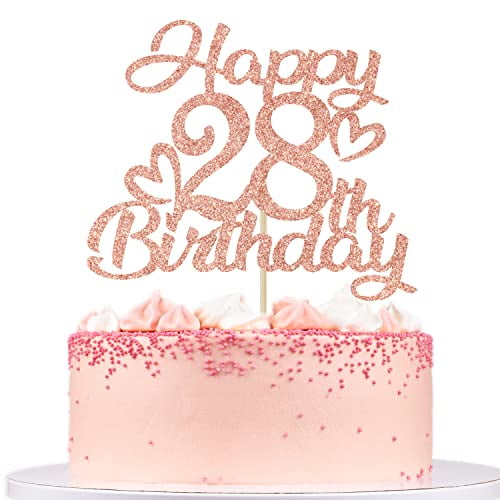 Rose Gold Glitter 28th Birthday Cake Topper - Hello 28, Cheers to 28 ...