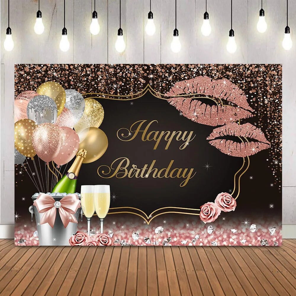 Rose Gold Glitter Birthday Backdrop Champagne Red Wine Photo Background Red Lips Colorful ...