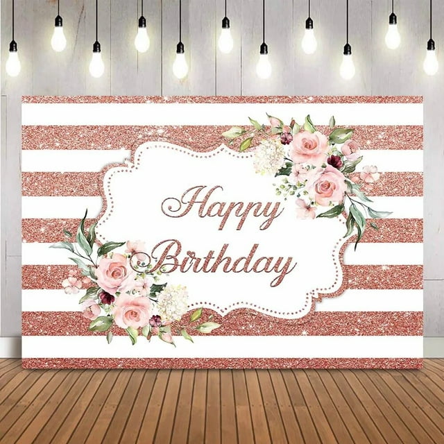 Rose Gold Glitter Birthday Backdrop for Photography Studio Floral Women's Birthday Photo ...