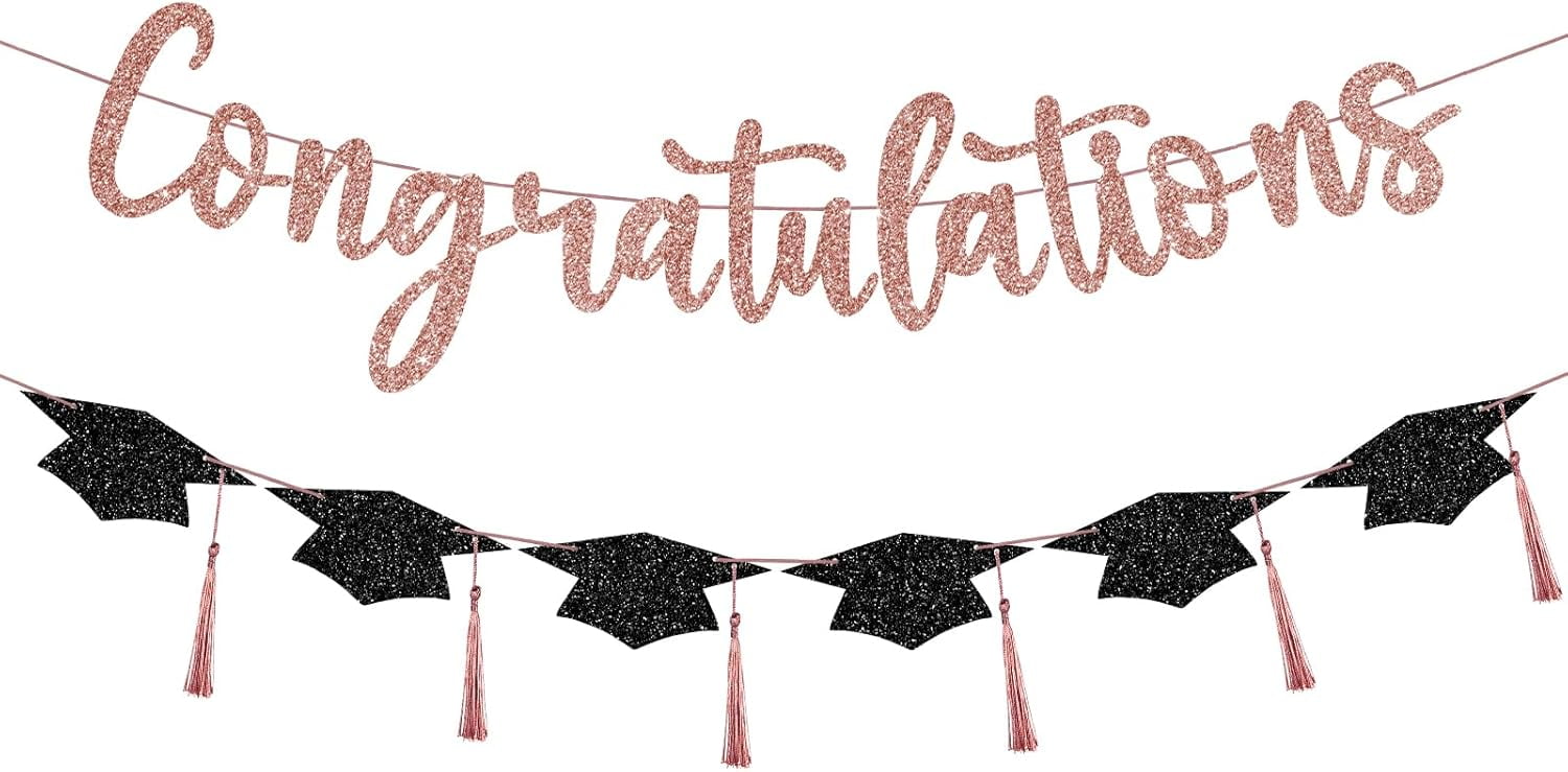 Rose Gold Glitter Congratulations Banner and Graduation Cap Garland ...