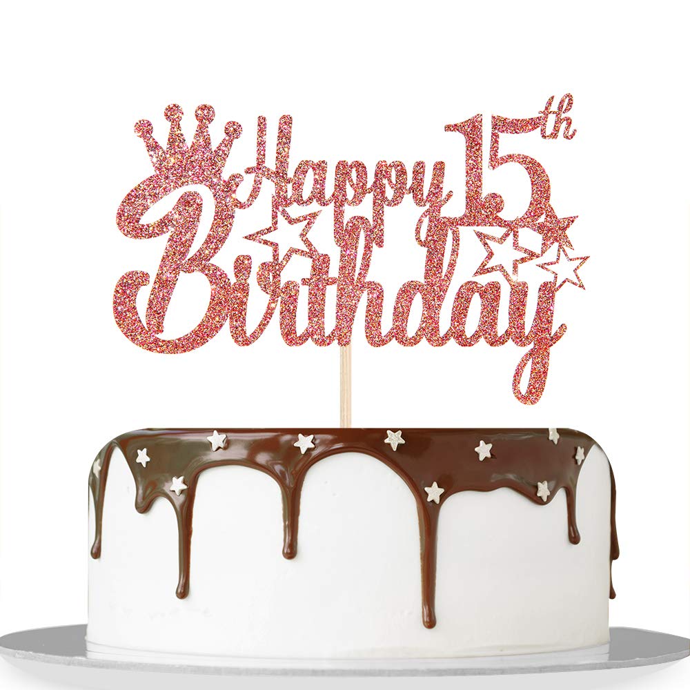 Rose Gold Glitter Happy 15th Birthday Cake Topper for Cheers to 15 ...