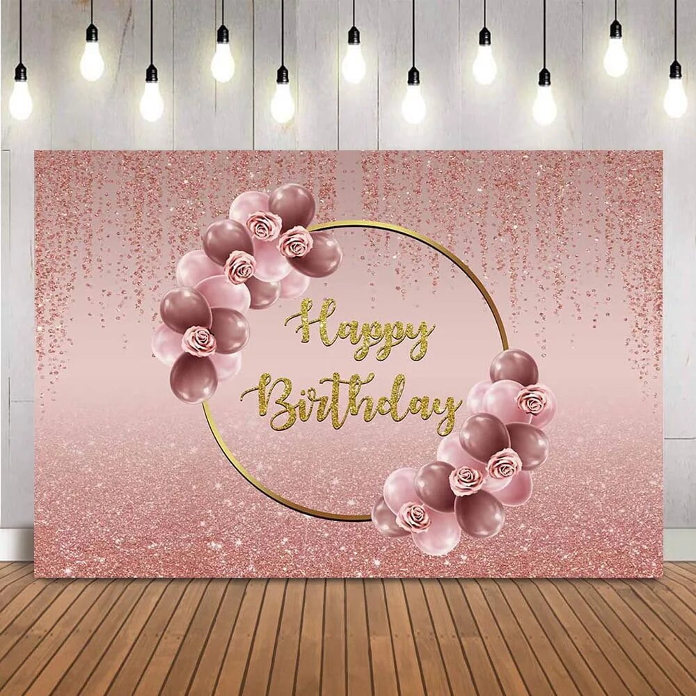 Rose Gold Glitter Happy Birthday Backdrop Pink Rose Balloon Gold Ring ...