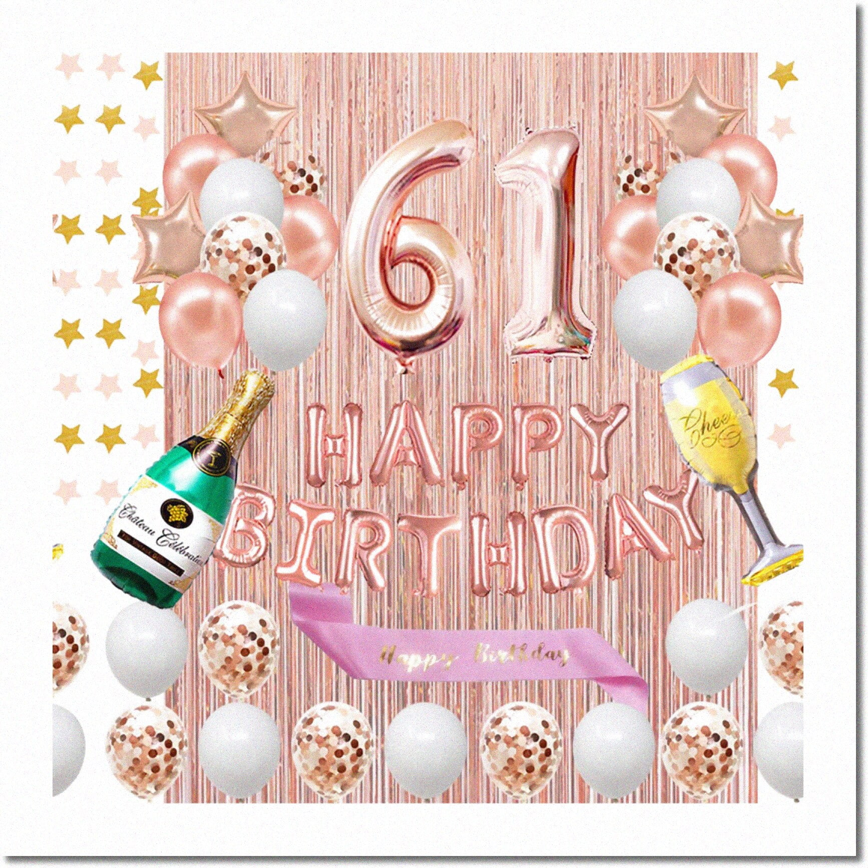 Rose Gold Glitz 61st Birthday Party Kit - Happy Birthday Banner, Sash ...