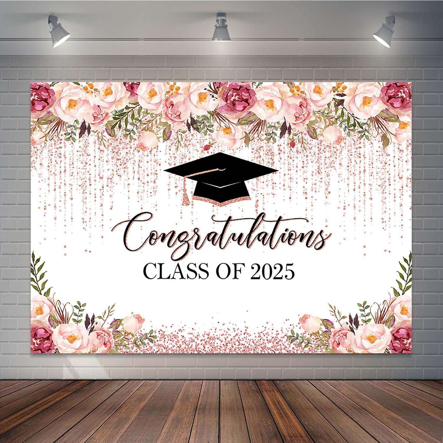 Rose Gold Graduation Backdrop Watercolor Floral Gold Dots Class of 2025 ...
