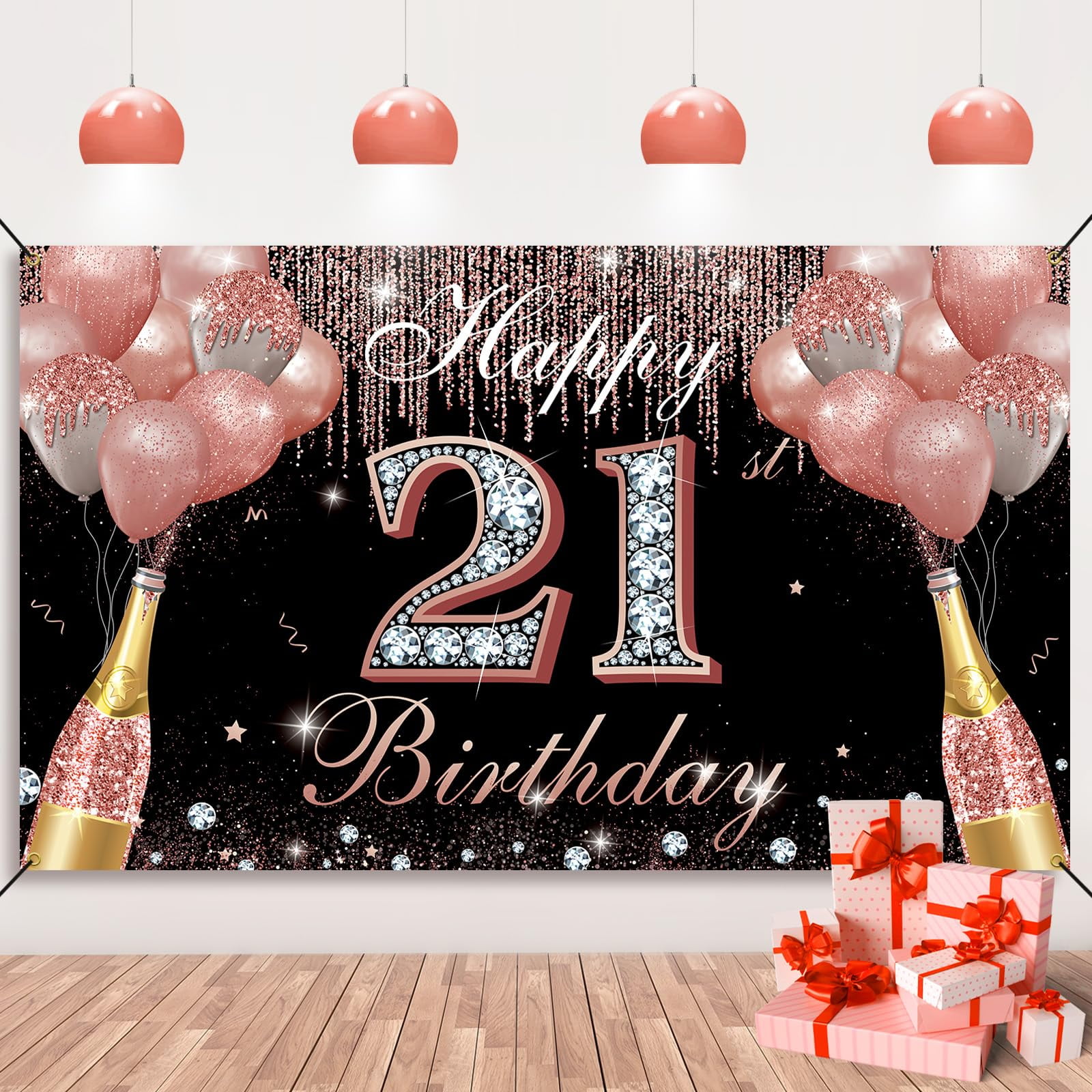 Rose Gold Happy 21st Birthday Banner Backdrop - Vibrant Decorations for Her Celebrate in Style ...