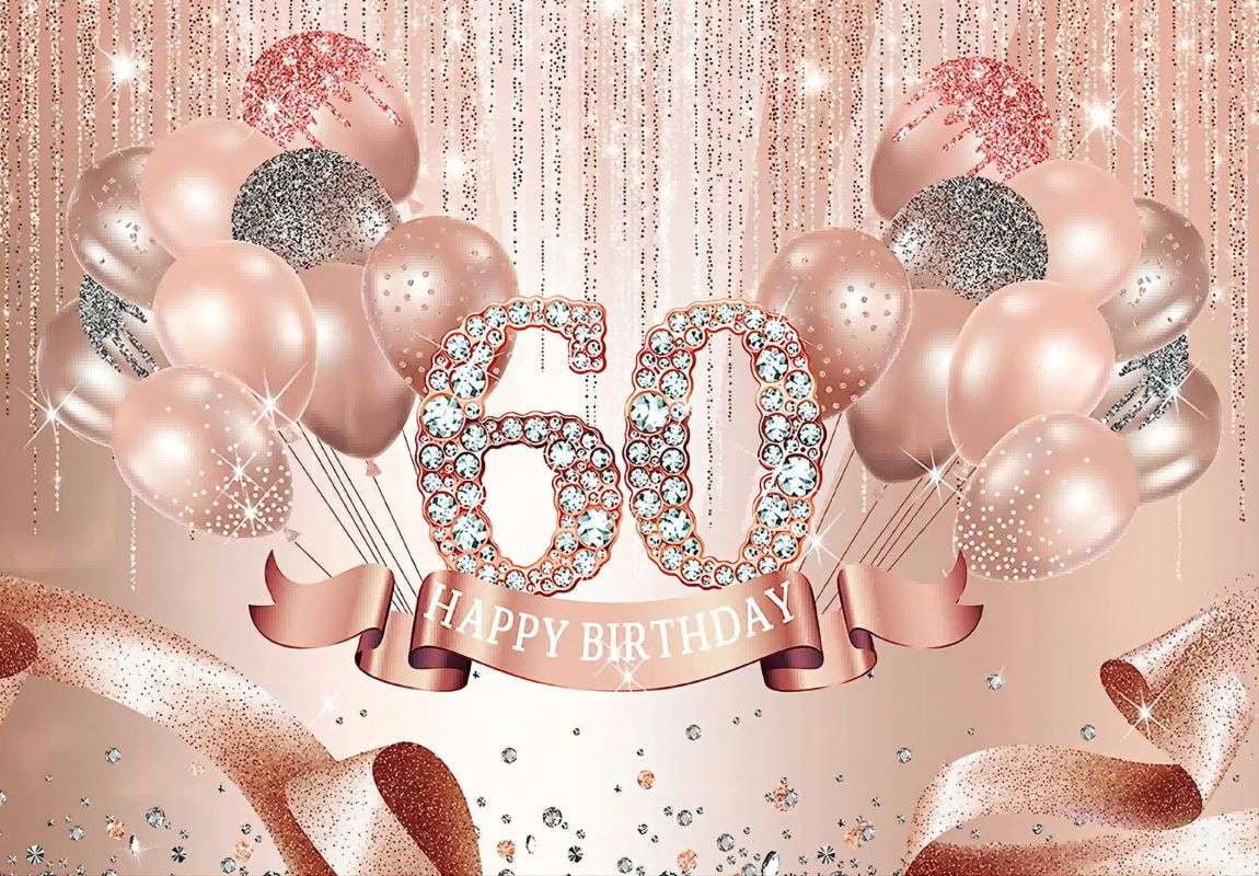 Rose Gold Happy 60th Birthday Backdrop rations Pink Glitter Balloons Background Shining Sixty ...