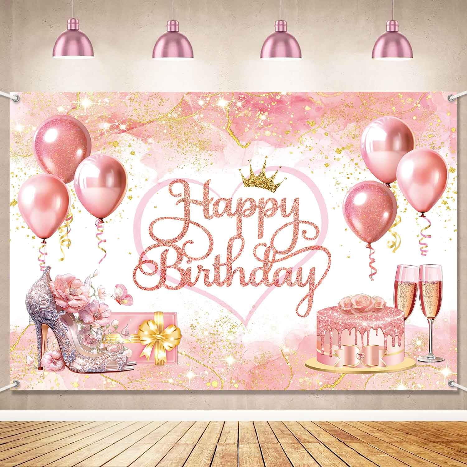 Rose Gold Happy Birthday Backdrop Banner for Women Girls Pink Gold ...