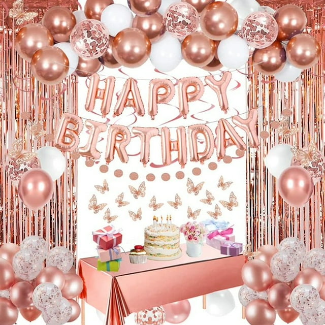 DEPHTOT Rose Gold Birthday Decor Set - Banner, Curtains, Foil ...