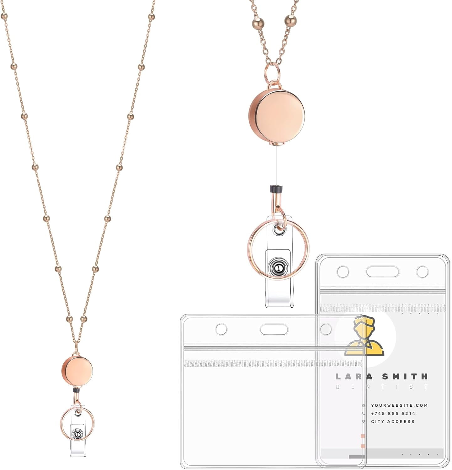 Rose Gold Lanyards for Id Badges Stainless Steel Badge Lanyard with 2 ...