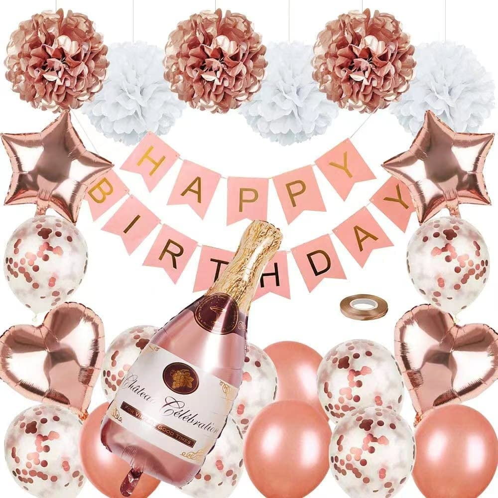 Rose Gold Birthday Party Decorations with Balloons, Banner, Champagne ...