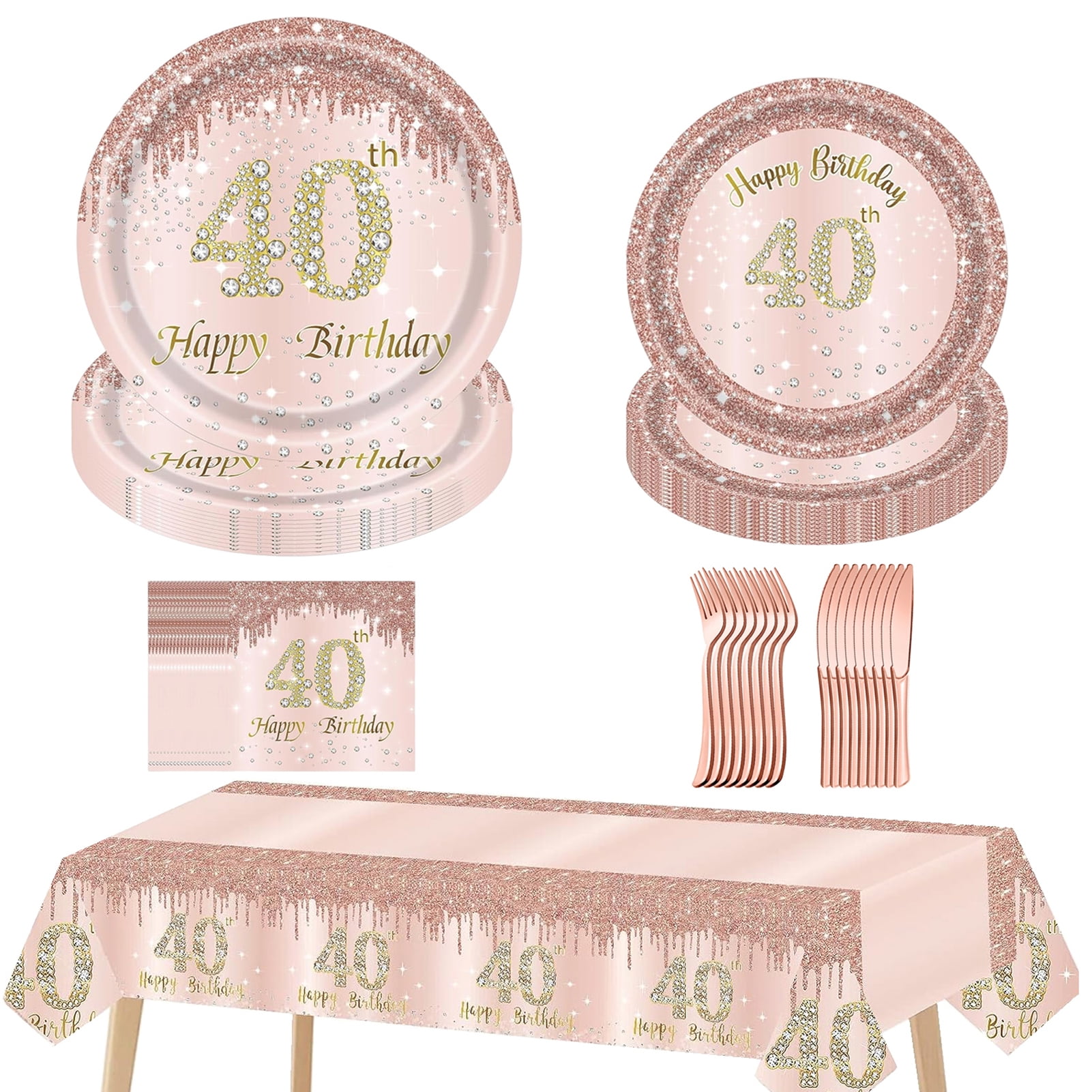 Rose Gold 40th Birthday Party Supplies - Disposable Tableware Set for ...