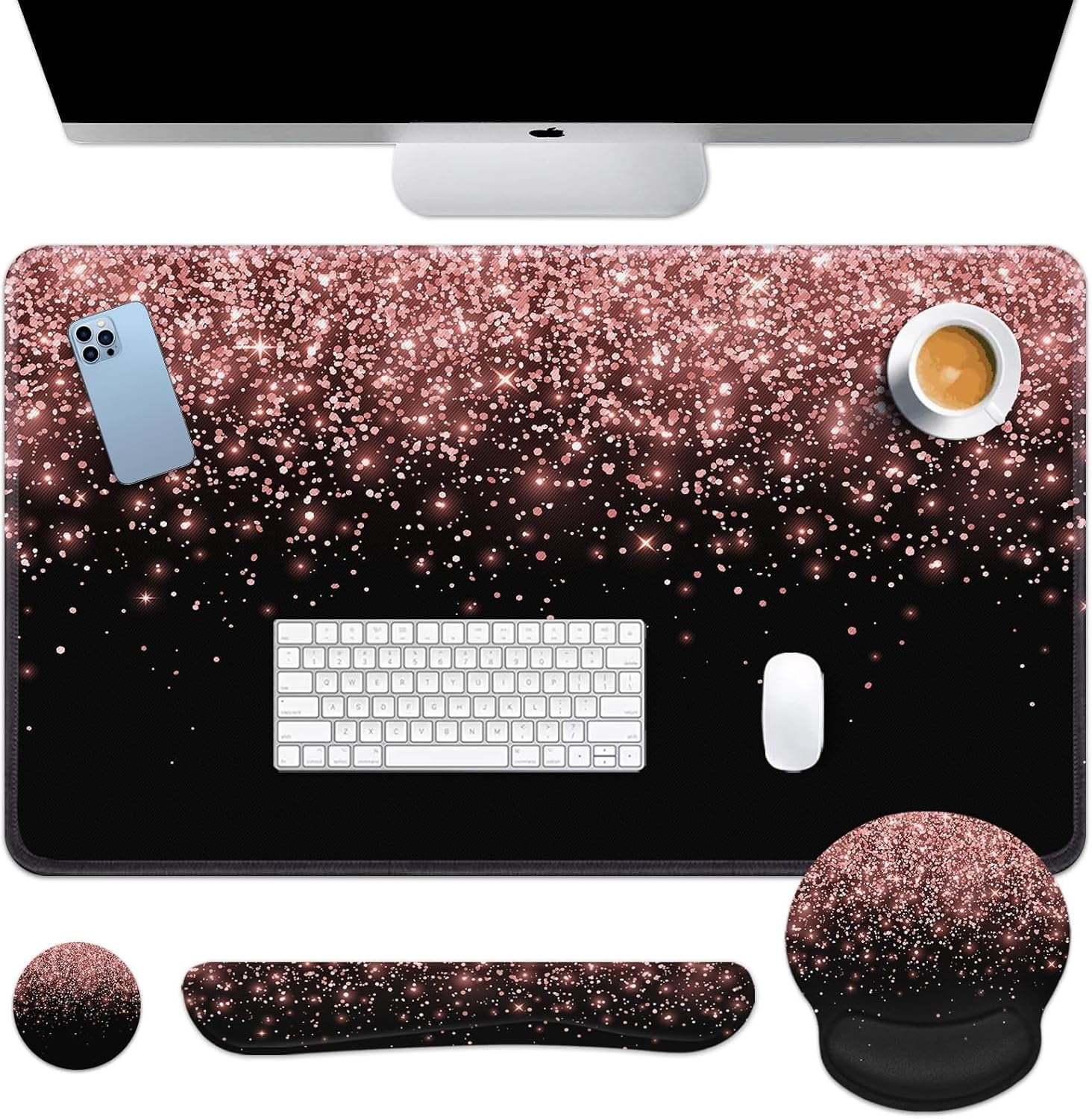 Rose Gold Pink Keyboard Mouse Pad Set Black Golden 4in1 Large Mousepad ...