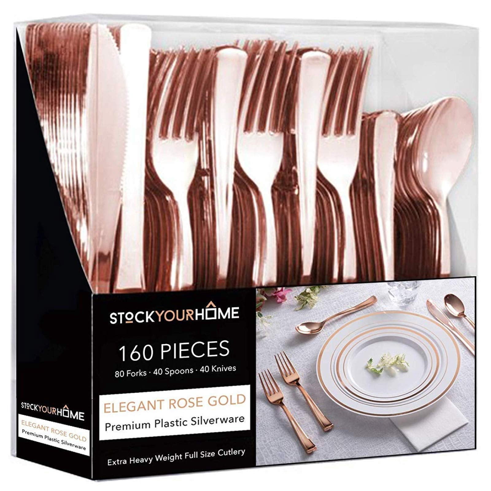 Rose Gold Plastic Silverware DEF29 Set (160 Bulk Disposable Cutlery ...