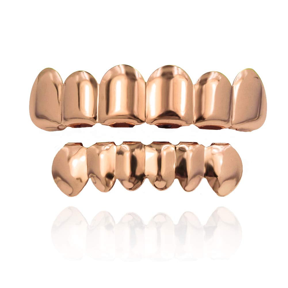 Rose Gold Plated Hip Hop Caps Custom Fit Top & Bottom Grillz Set Teeth ...