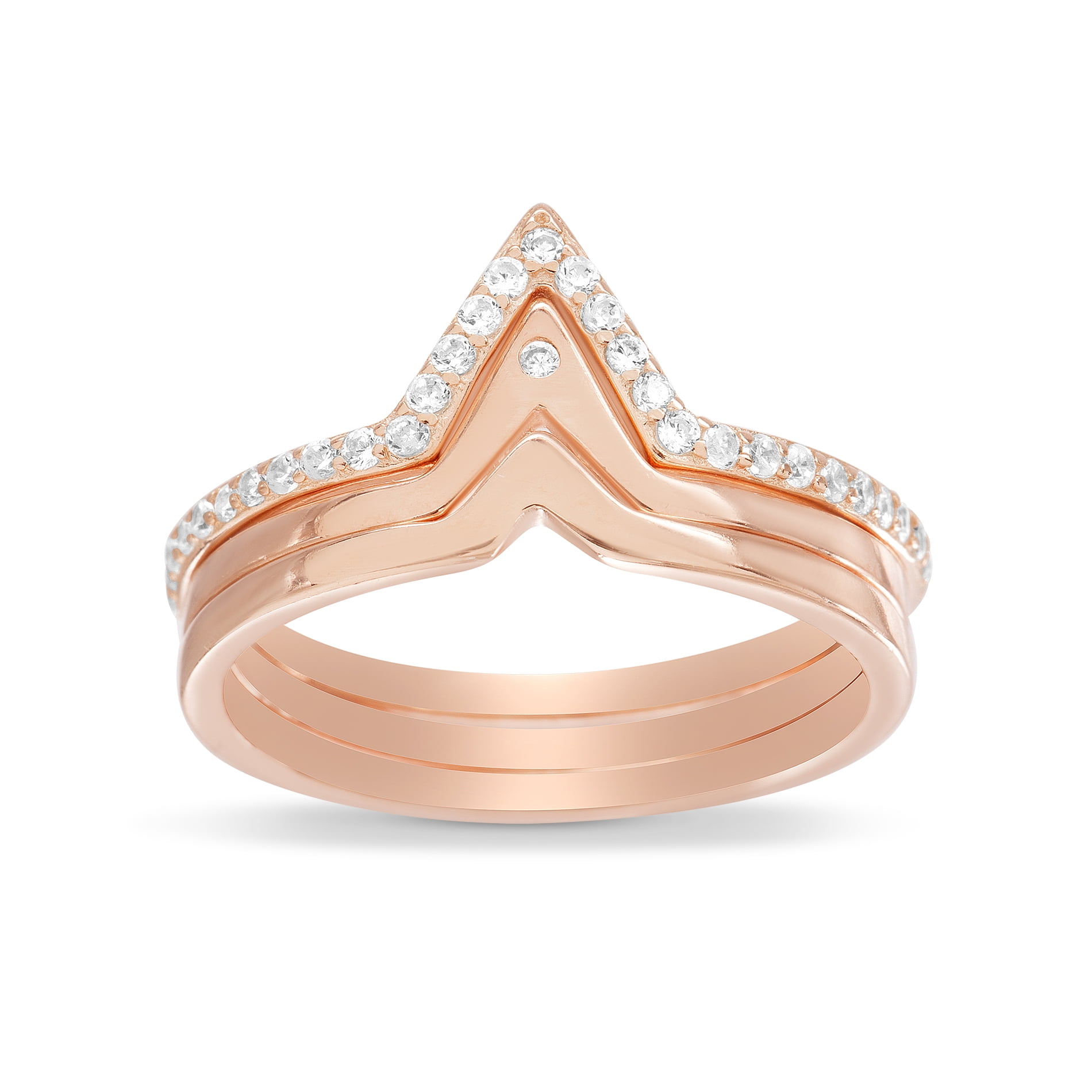 Rose Gold Plated Sterling Silver V Shaped Trio Ring Stack with Cubic ...