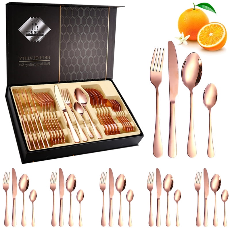 Rose Gold Silverware Set, 24-Piece Stainless Steel Flatware Set ...