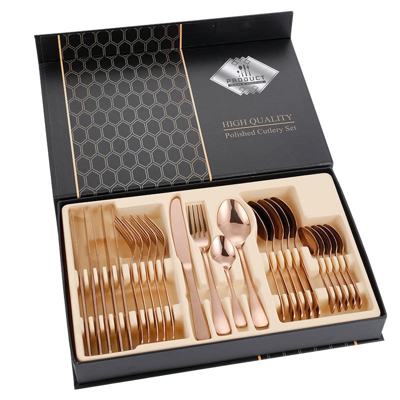 Rose Gold Silverware Set, 24-Piece Stainless Steel Flatware Set ...