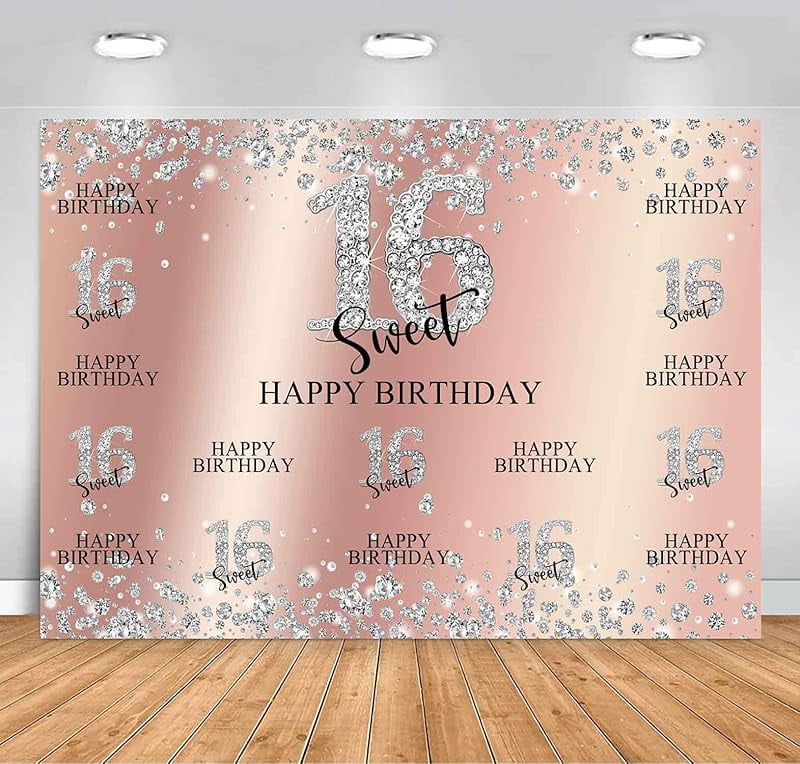 Rose Gold Sweet 16 Birthday Backdrop Girls Sweet Sixteen Diamond ...