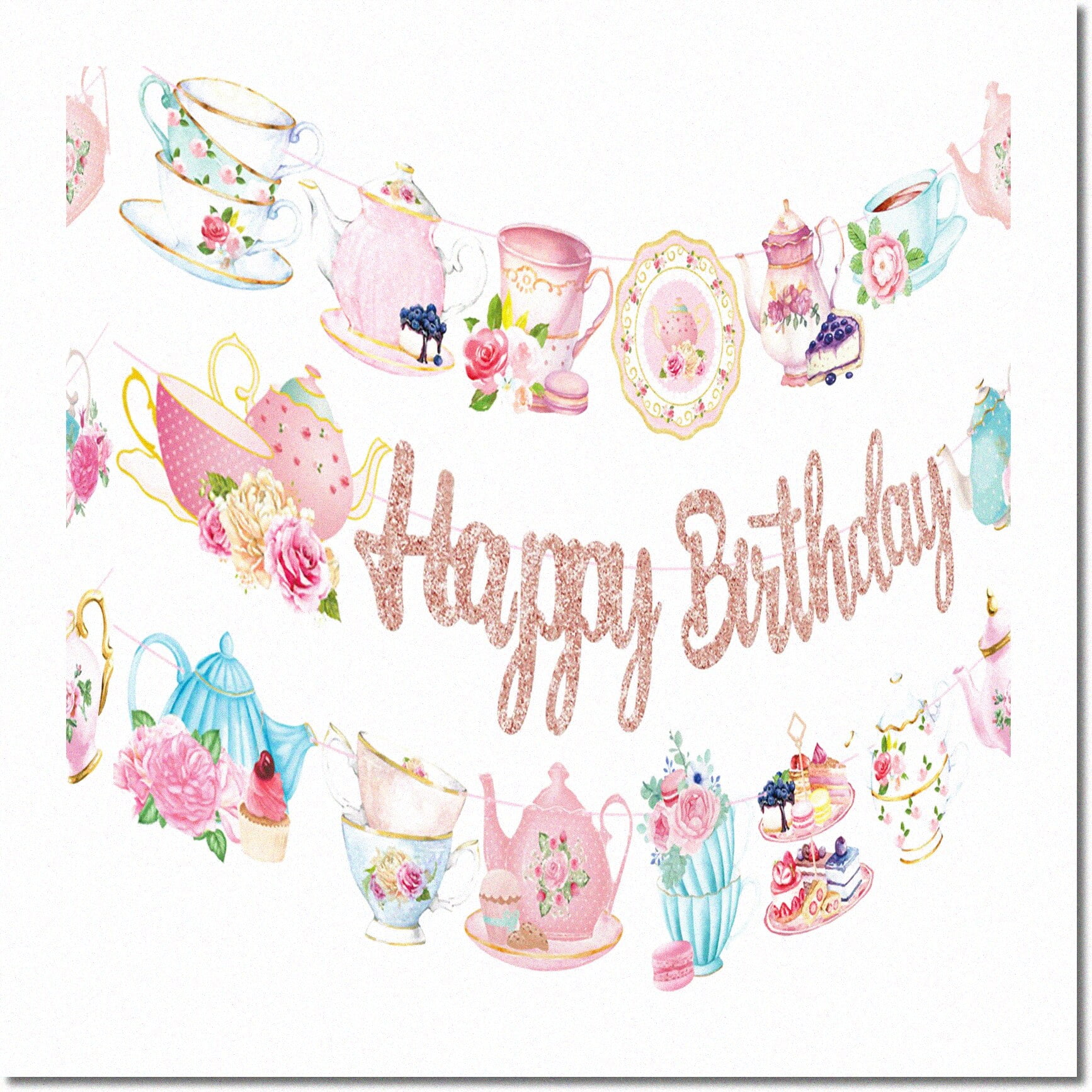 Rose Gold Tea Party Banner - Elegant Floral Tea Themed Happy Birthday ...