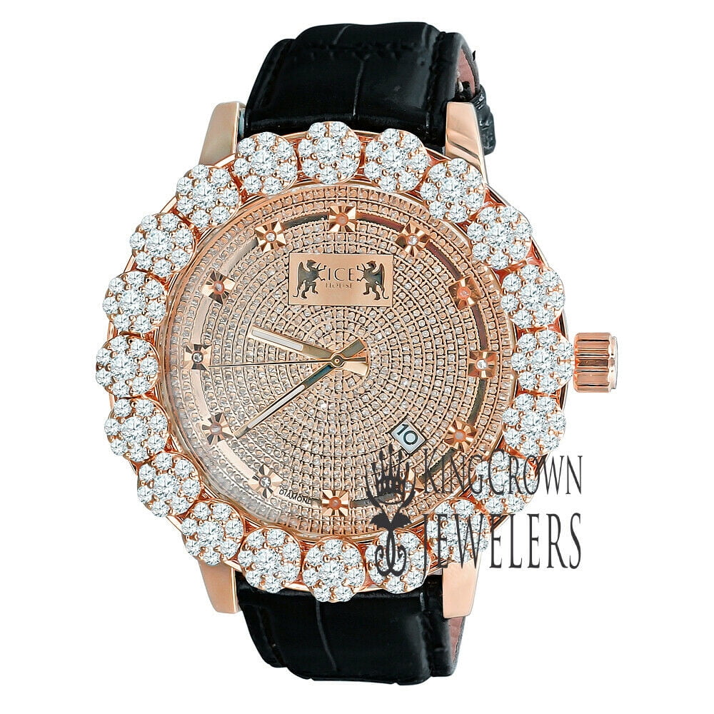 Rose Gold Tone Real Diamond Dial Watch Flower Bezel Mens Stainless ...