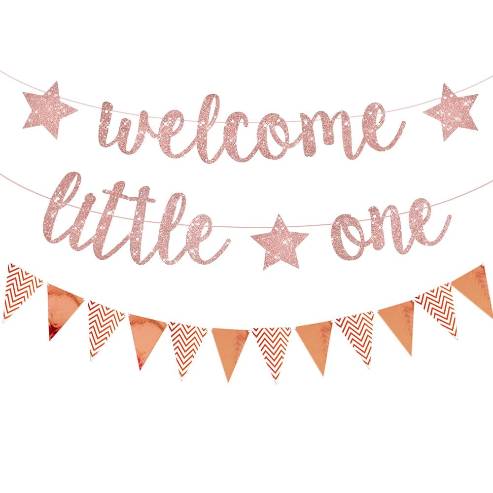 Rose Gold Welcome Little One & Triangle Paper Banner Set Baby Shower ...