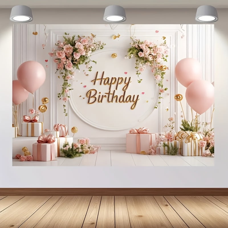 Rose Golden Happy Birthday Backdrop Pink Floral Flower Balloons Elegant ...