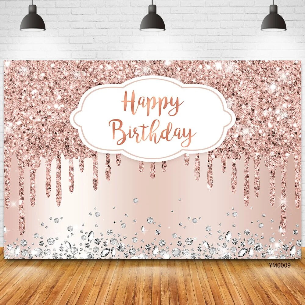 Rose Golden Happy Birthday Party Backdrop Glitter Diamonds Birthday ...
