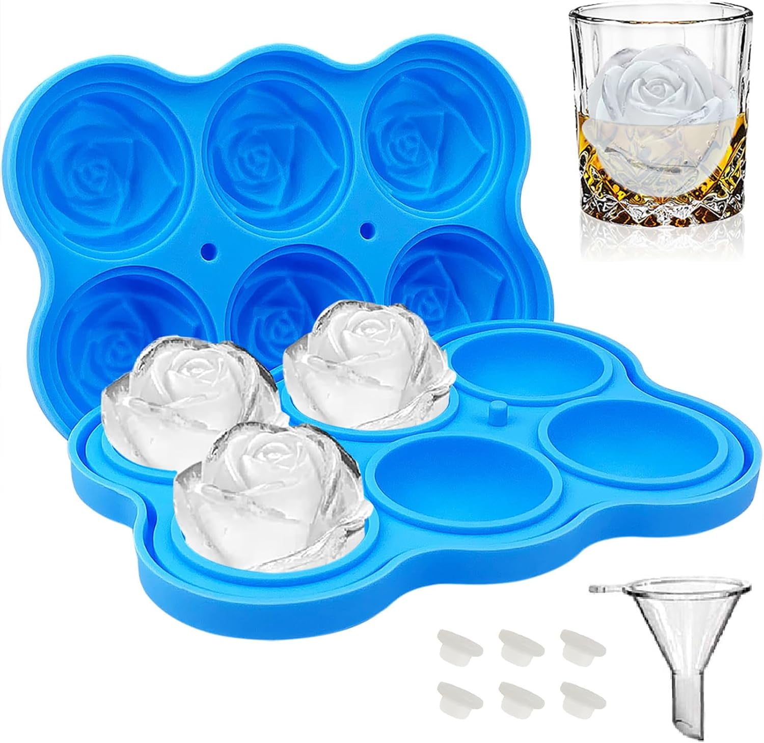 Rose Ice Cube Tray 2 Inch [1 Mold + 1 Funnel + 6 Stoppers], 6 Cavity ...