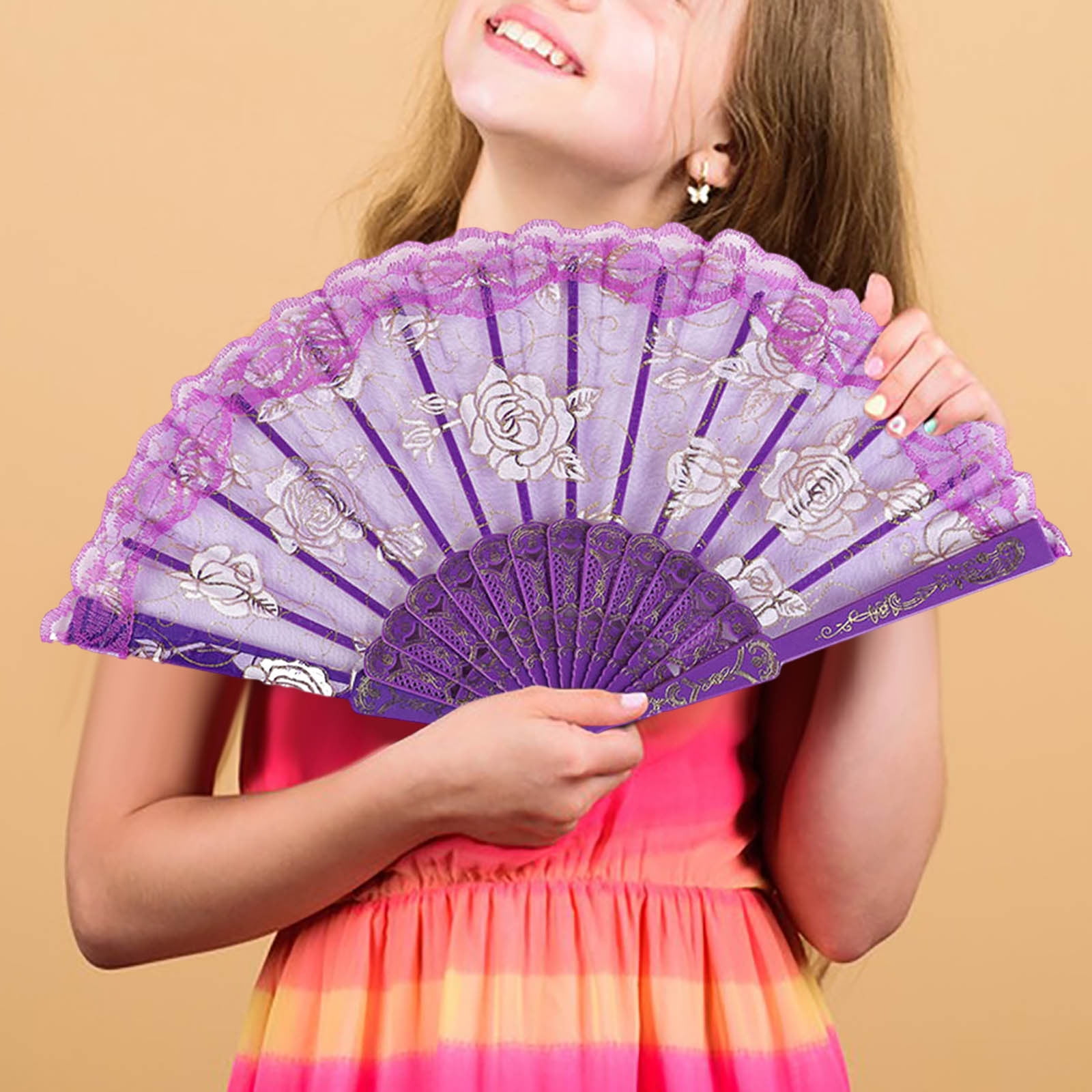 Rose Lace Trim Folding Hand Fan With Led Light Luminous Design ...