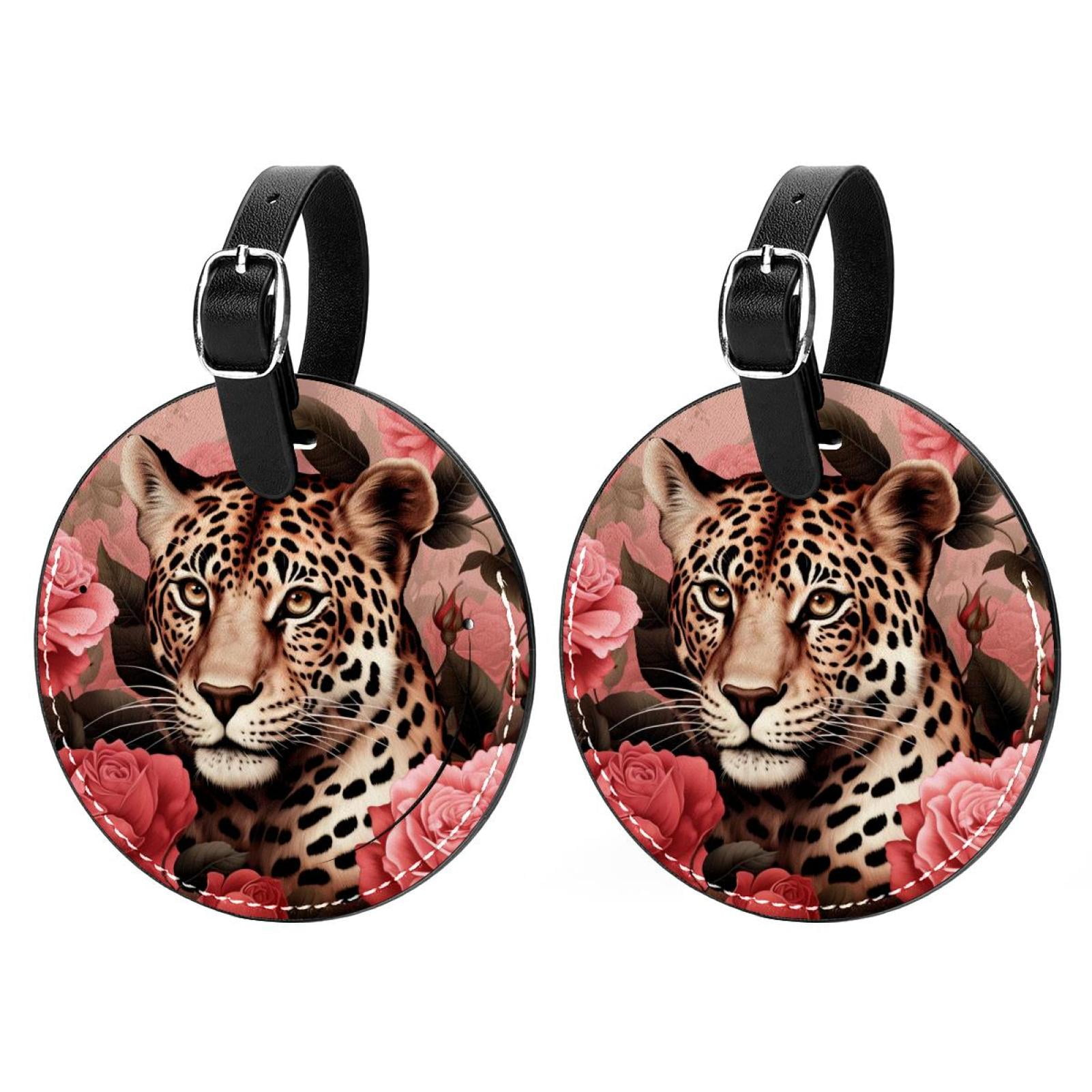 Rose Leopard 2Pcs PU Leather Round Luggage Tags with Privacy Cover and ...