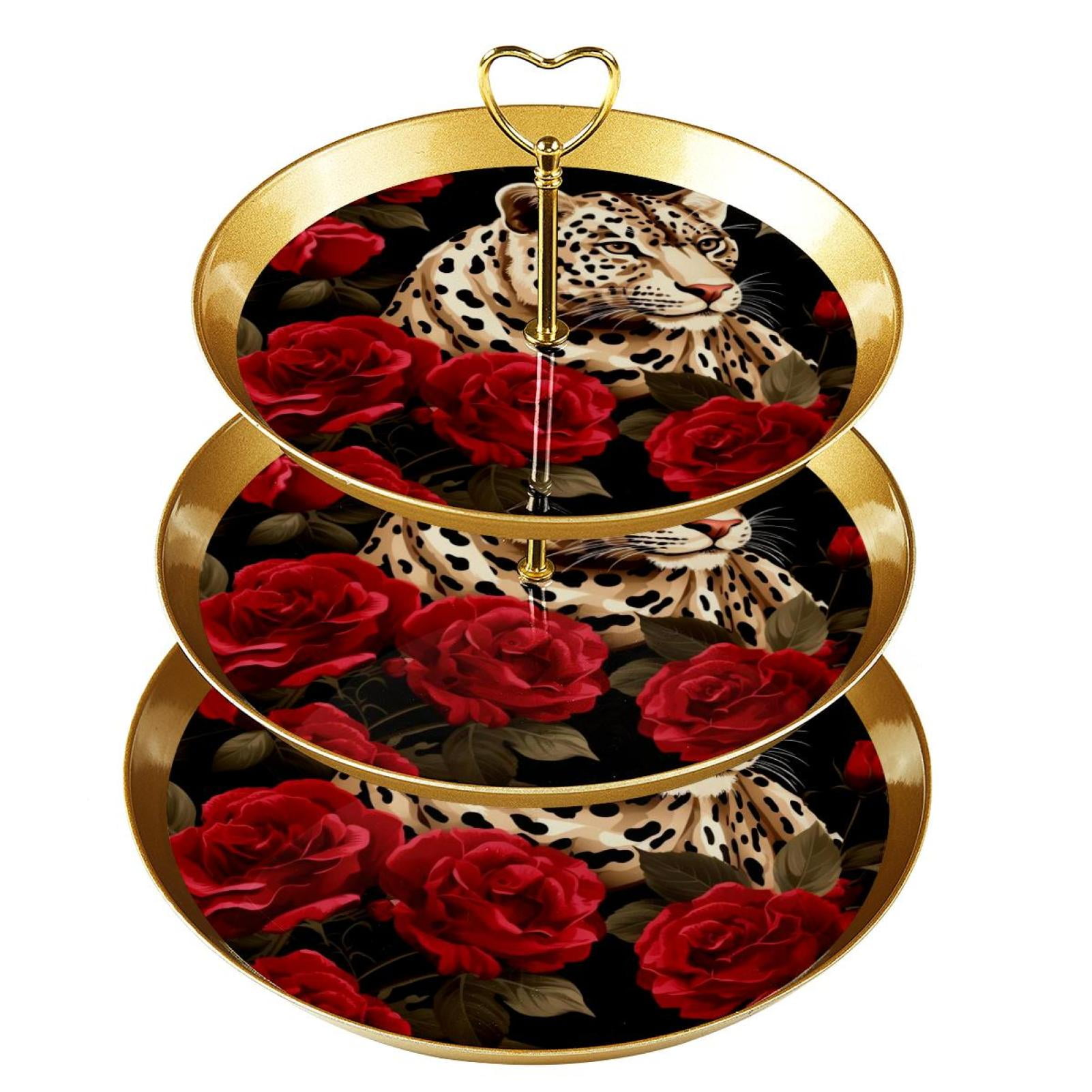 Rose Leopard 3-Tier Plastic Dessert Table Stand with Iron Pillars ...